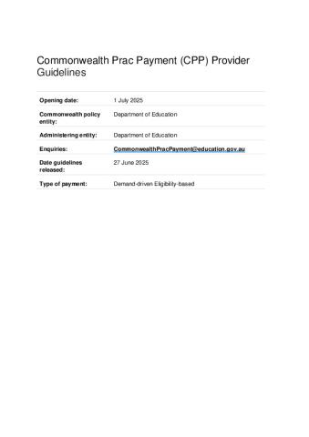 Commonwealth Prac Payment for providers - Department of Education, Australian Government